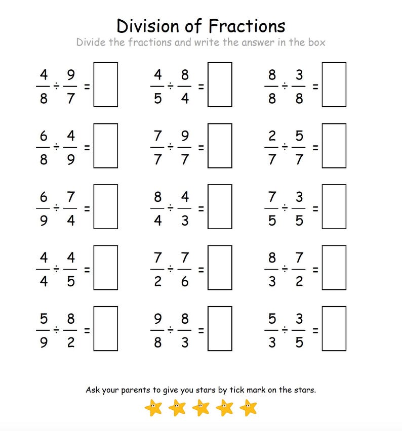 Fractions Division Printable Worksheets - Kids Mathematics - 1st - 5th ...