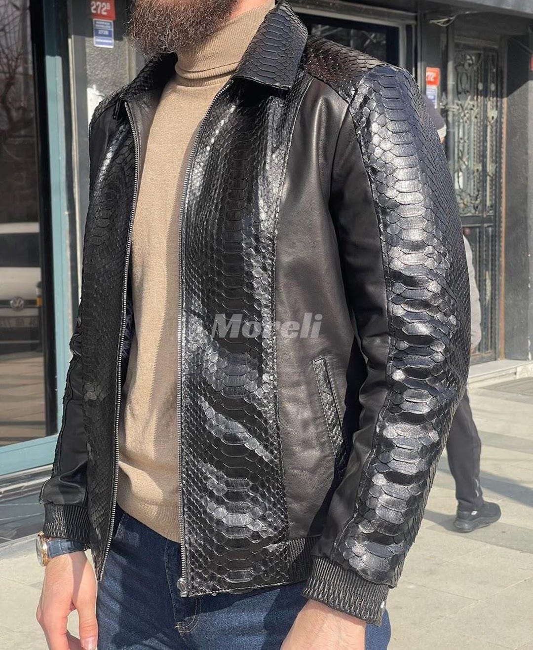 Handcrafted Black Python Leather Biker Jacket Luxurious Exotic Skin ...