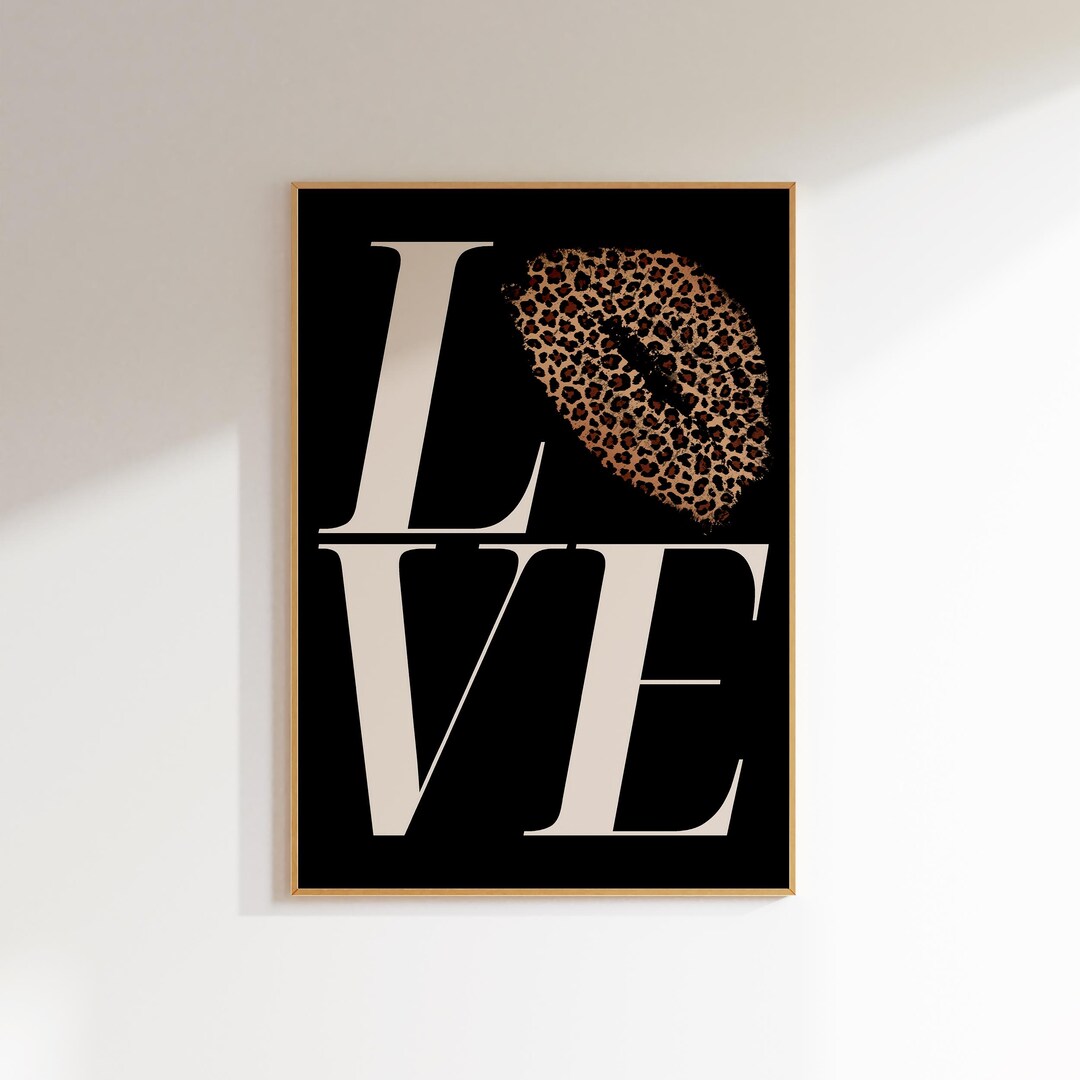 Love Typography Print Leopard Poster Dorm Wall Decor, Lipstick Kiss ...