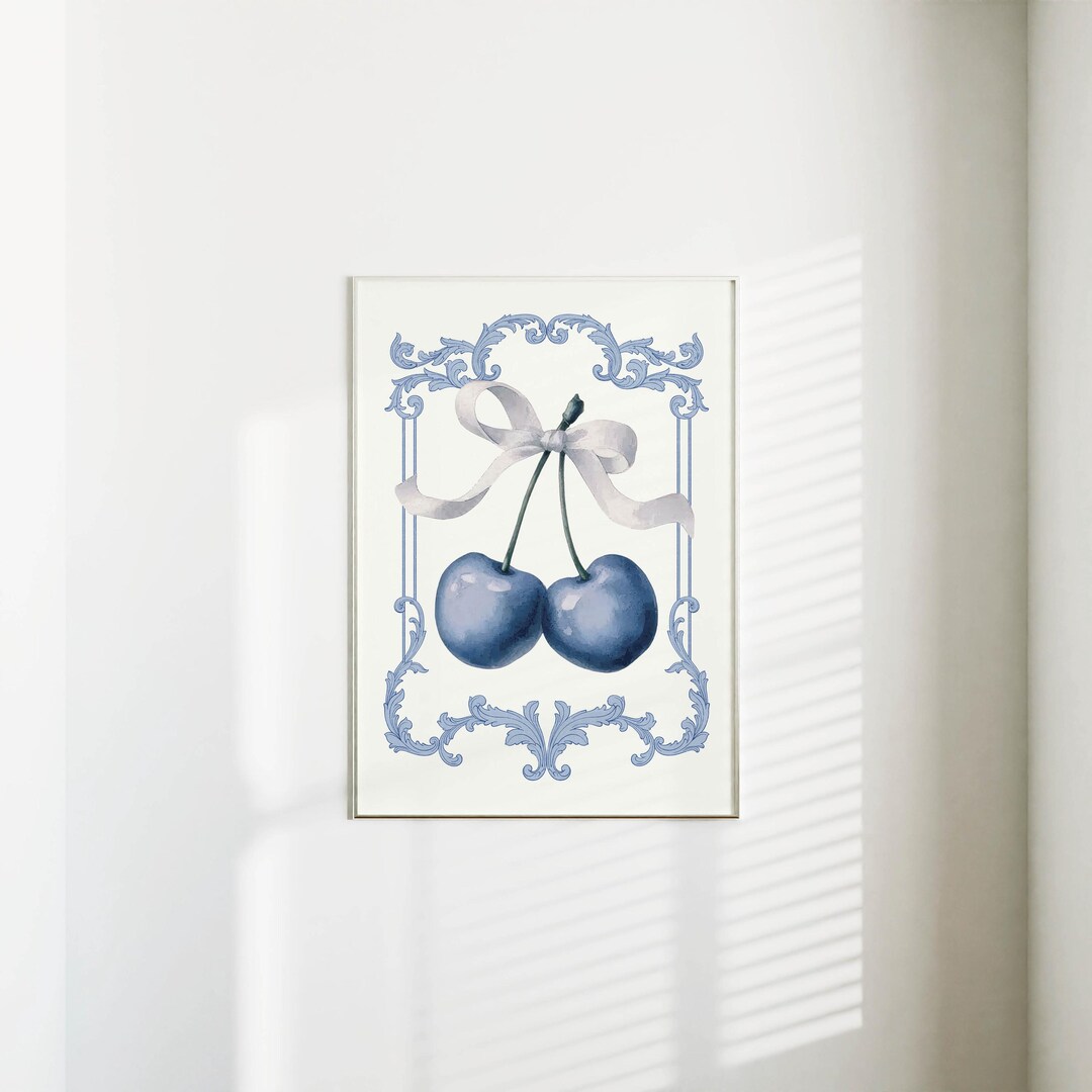 Cherries With Bow Light Blue Wall Art Coquette Decor, Trendy Wall Art ...
