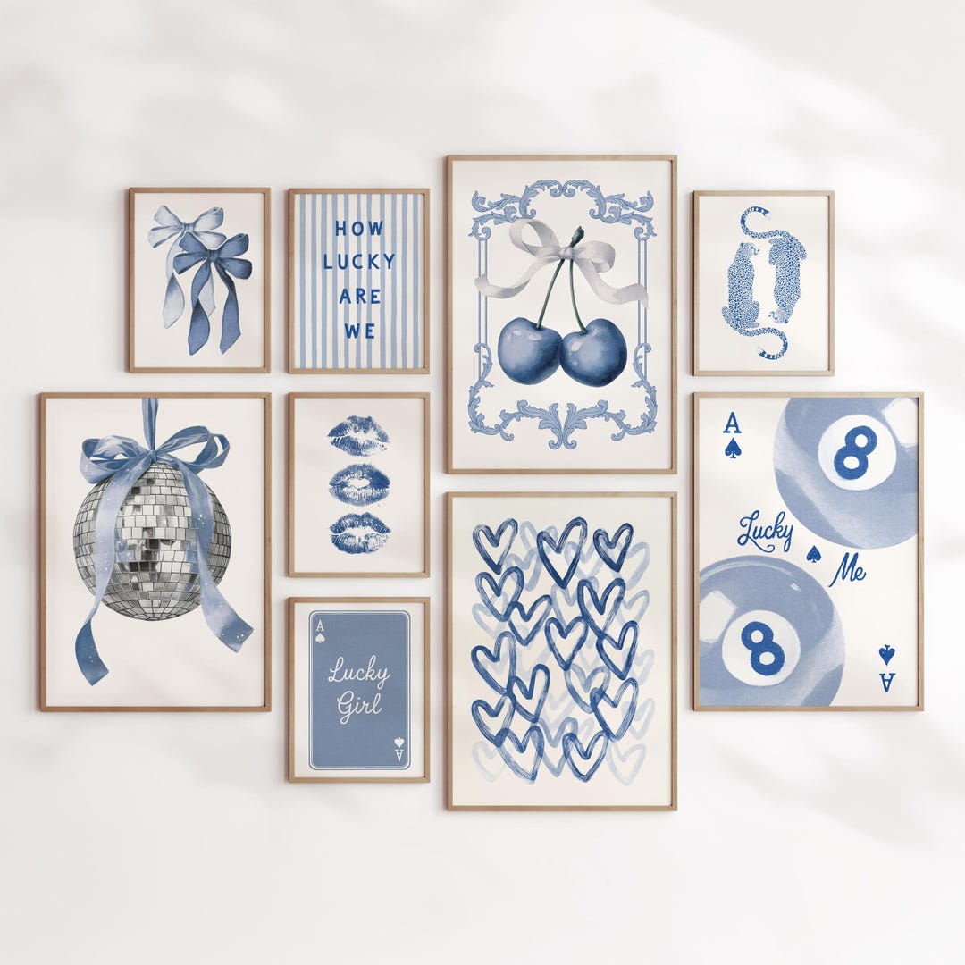 Gallery Wall Art Set of 9 Blue Wall Prints College Apartment Decor ...