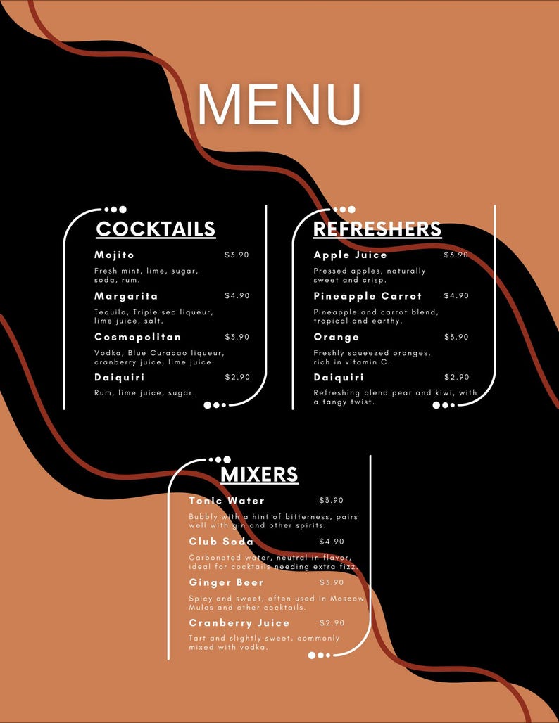 Editable Bar Menu Template Modern Abstract Bar Menu , Wedding Drinks ...