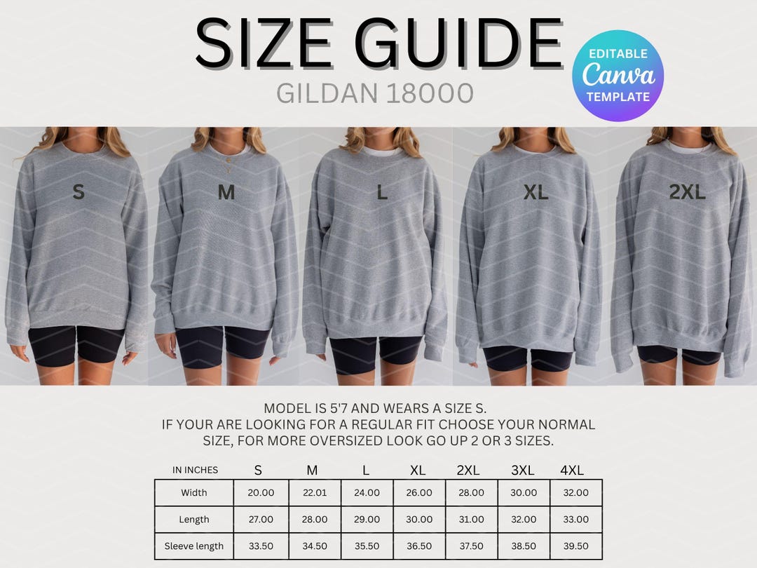 Editable Gildan 18000 Size Chart, Unisex Gildan G180 18000 Oversized ...