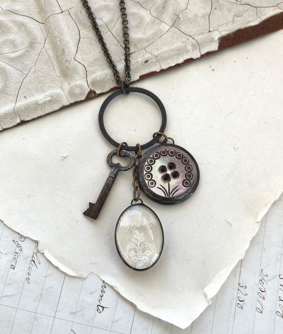 Victorian Vibe Antique Lace Key and Button Drop OOAK Necklace, Soldered ...