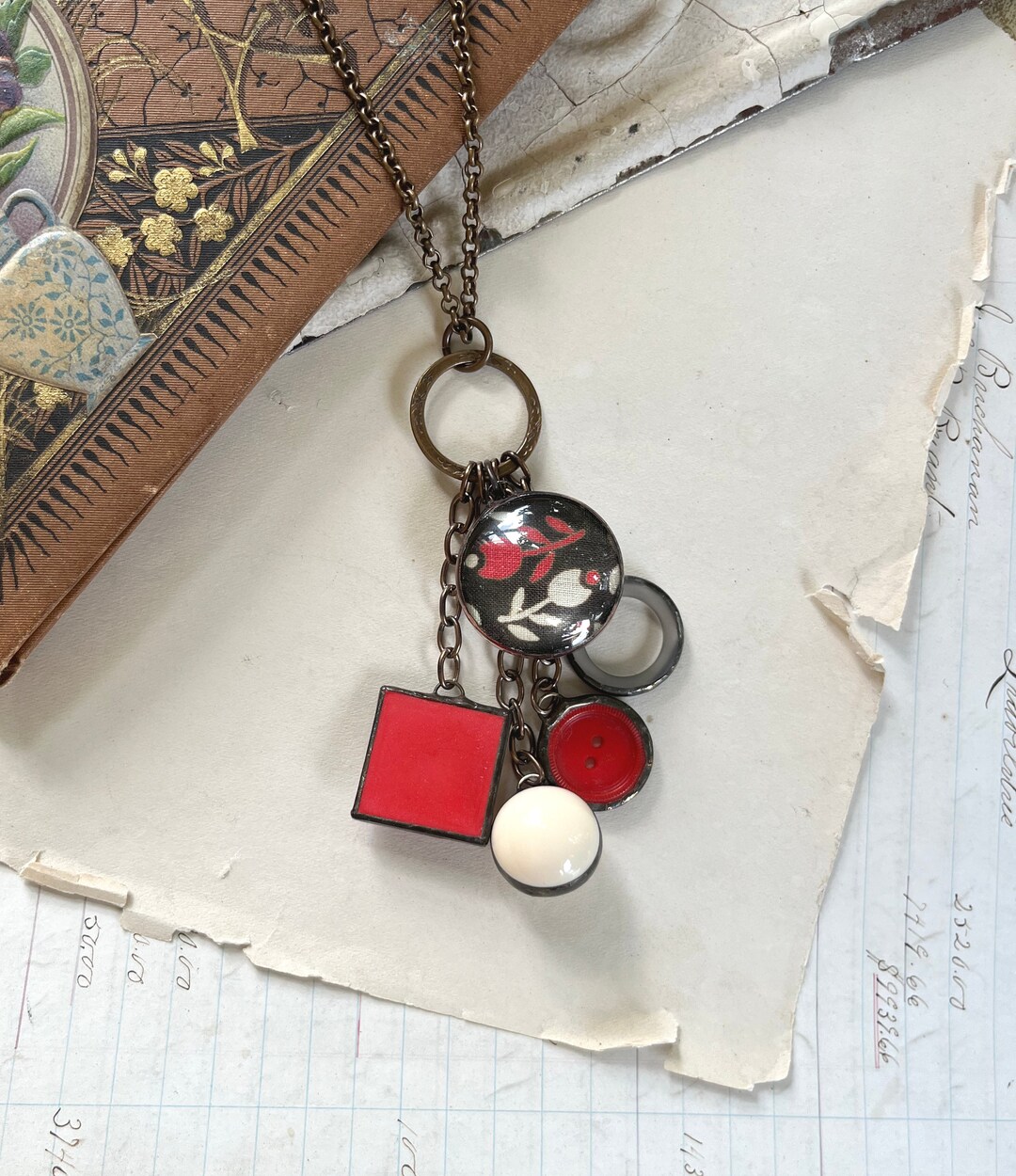 Red Quilt Top Charm Pendant: Soldered Glass Necklace, Vintage Upcycled ...