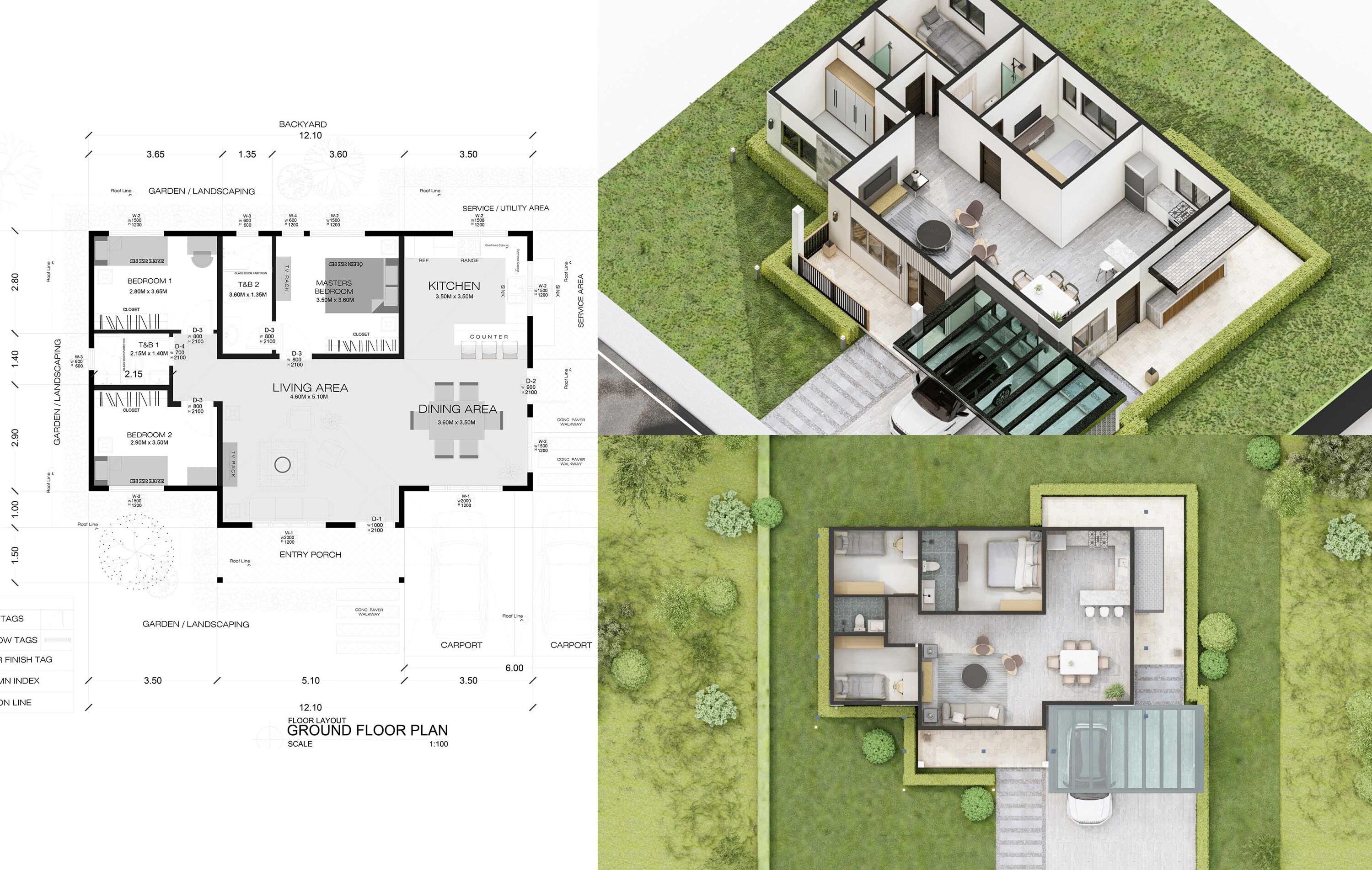 2d to 3d Floor Plan and Orthographic Perspective Rendered Perspective ...