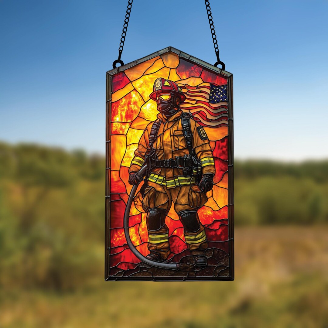 Fireman Tribute ACRYLIC Suncatcher – Faux Stained Glass Window Hanging ...
