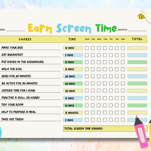 Screen Time Chart | Earn Screen Time | Screen Time Checklist | Kids ...