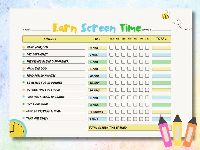 Screen Time Chart | Earn Screen Time | Screen Time Checklist | Kids ...