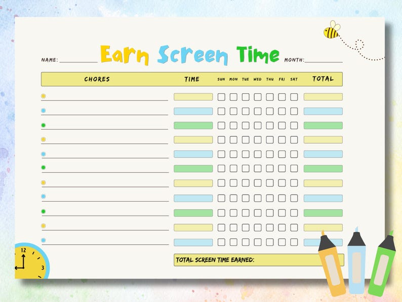 Screen Time Chart | Earn Screen Time | Screen Time Checklist | Kids ...