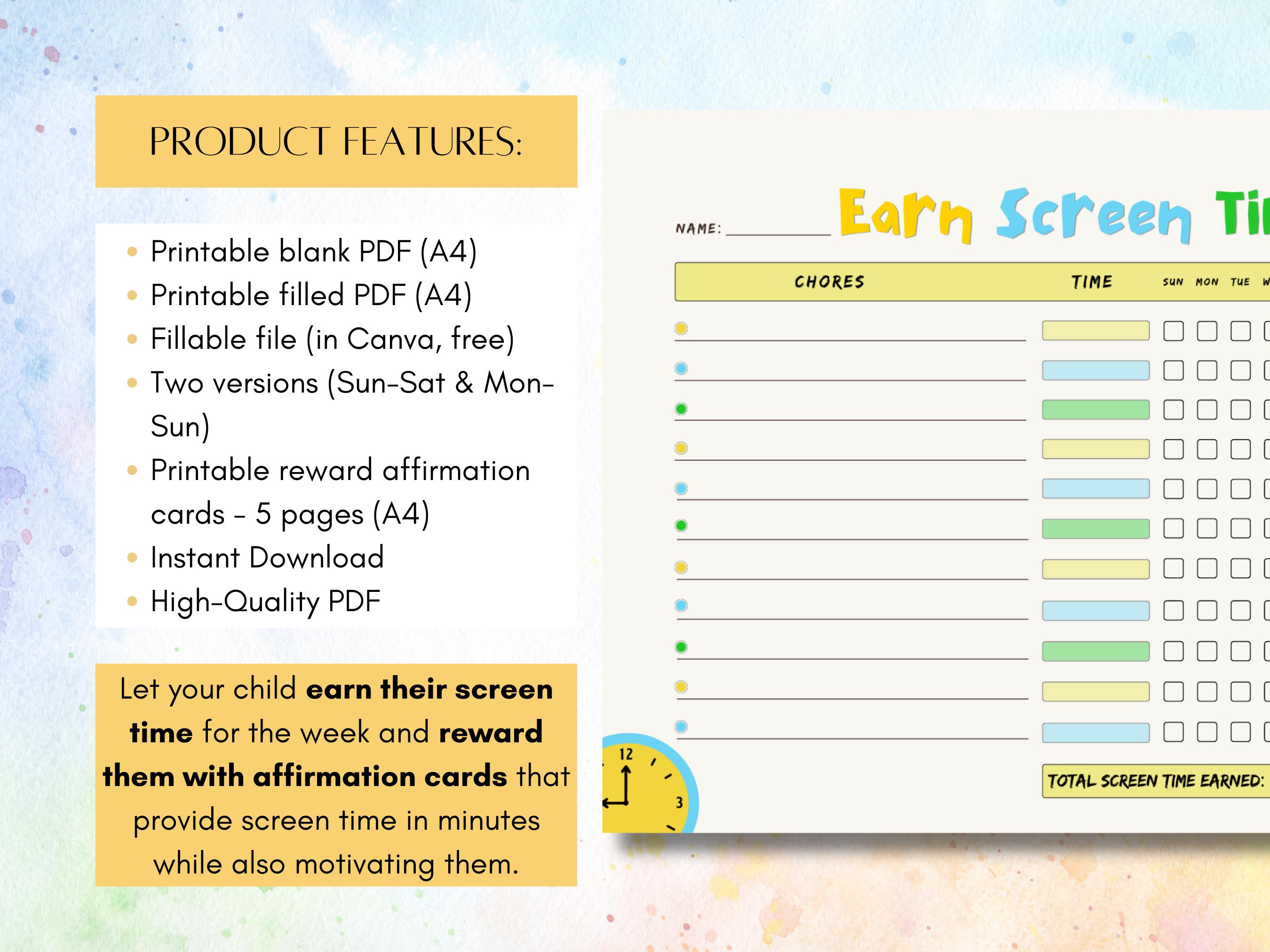 Screen Time Chart | Earn Screen Time | Screen Time Checklist | Kids ...