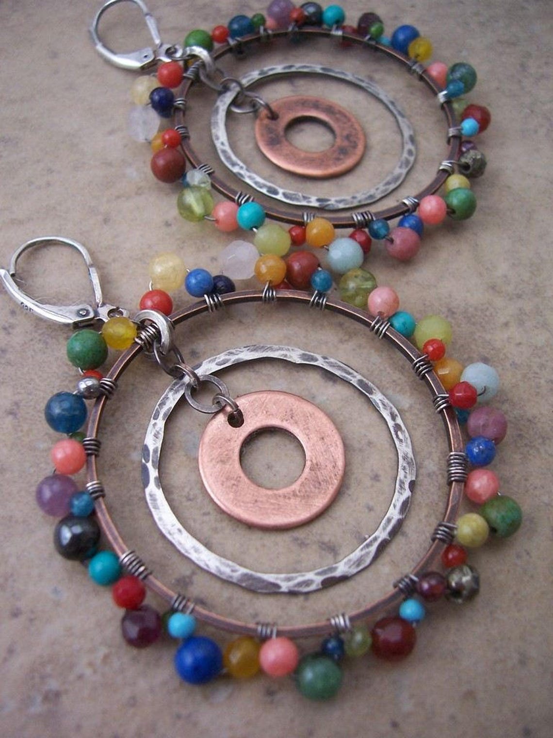 Boho Gemstone Hoop Earrings Multi-colored Gemstones Hoop - Etsy