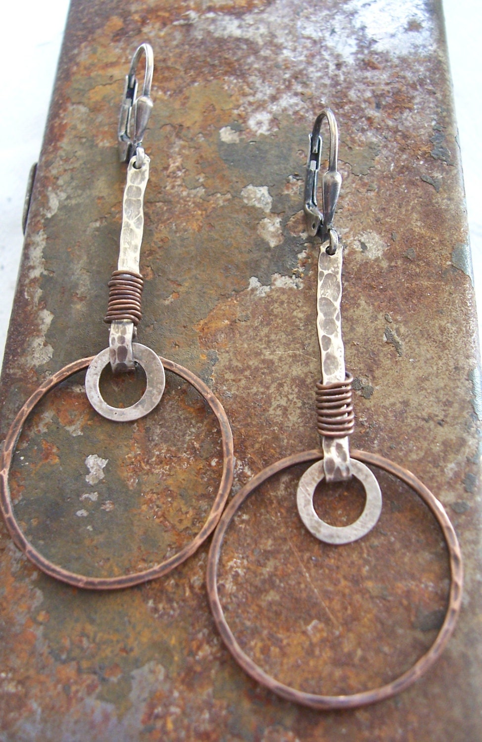 Metalwork Earrings Mixed metal earrings Rustic Organic | Etsy