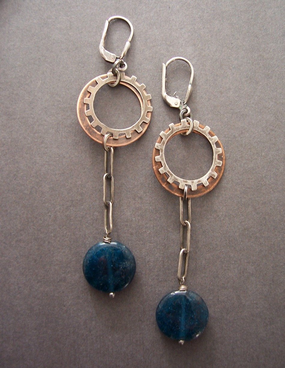 Steampunk Gear Earrings// Mixed Metal Midnight Blue Apatite | Etsy