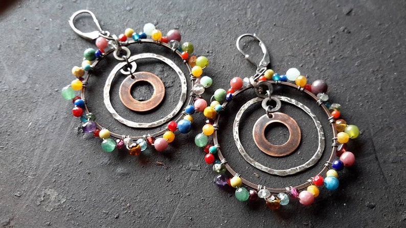 Boho Gemstone Hoop Earrings Multi-colored Gemstones Hoop - Etsy