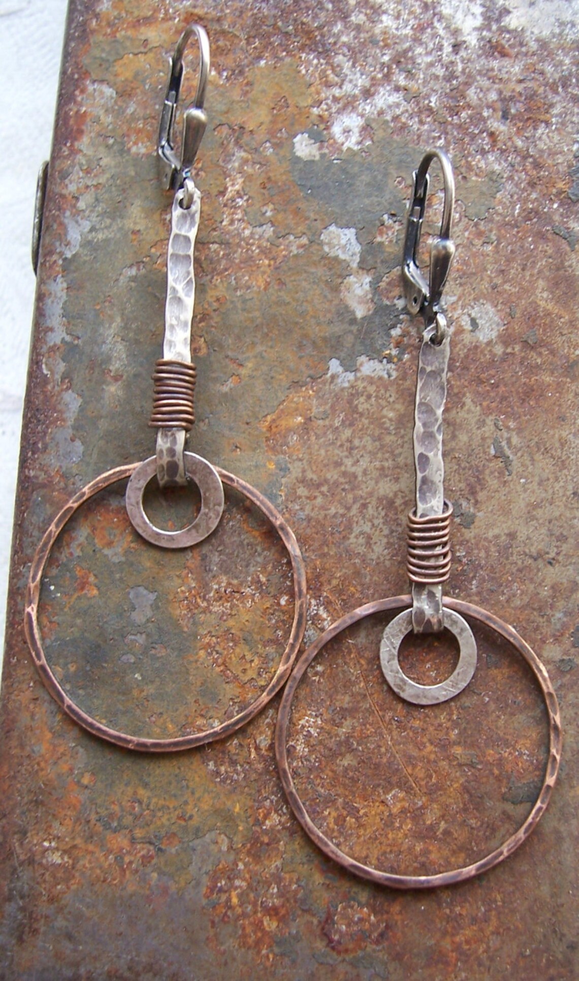 Metalwork Earrings Mixed Metal Earrings Rustic Organic - Etsy