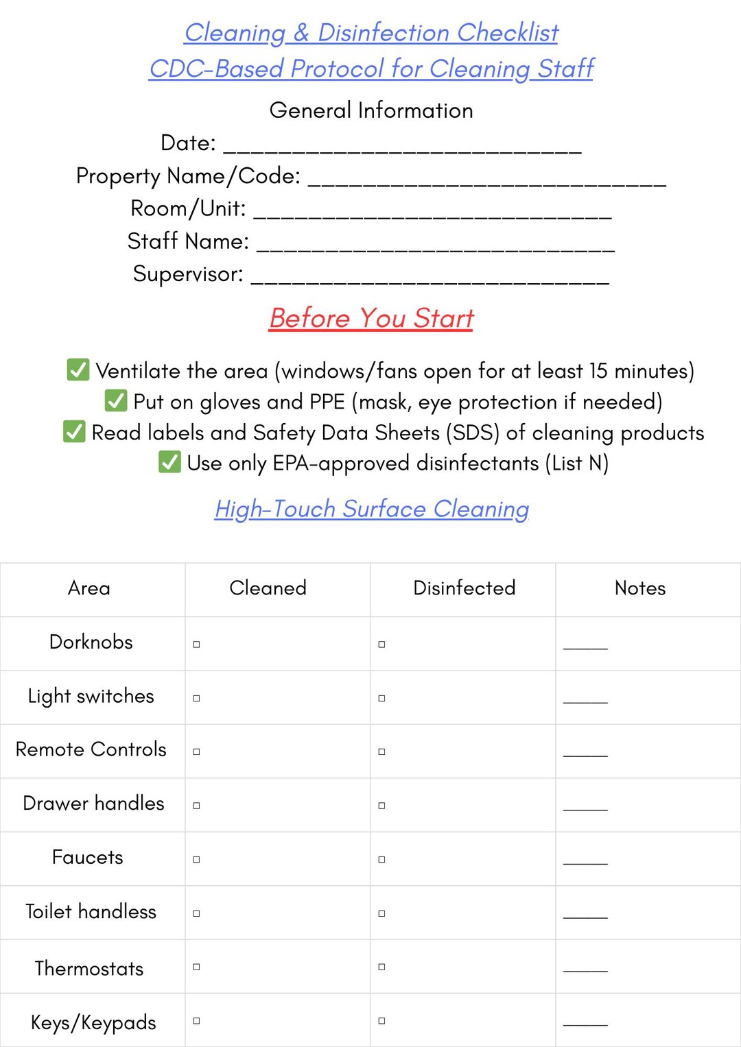 CDC Form for Airbnb, Cleaning Checklist, Host Essentials, Cleaning Form ...