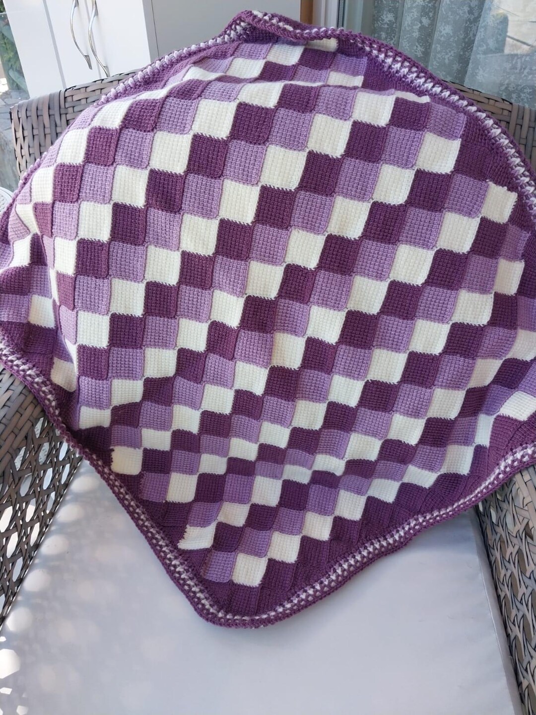 Customize Cozy Crocheted Checkered Baby Blanket Purple & White 3D ...