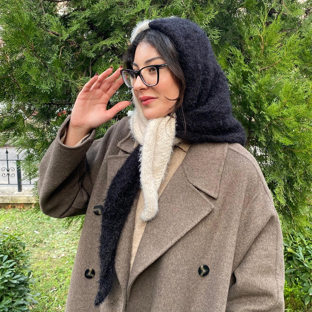 Handmade Angora Wool Hooded Scarf: Two-tone Knit Edna Style Shawl ...