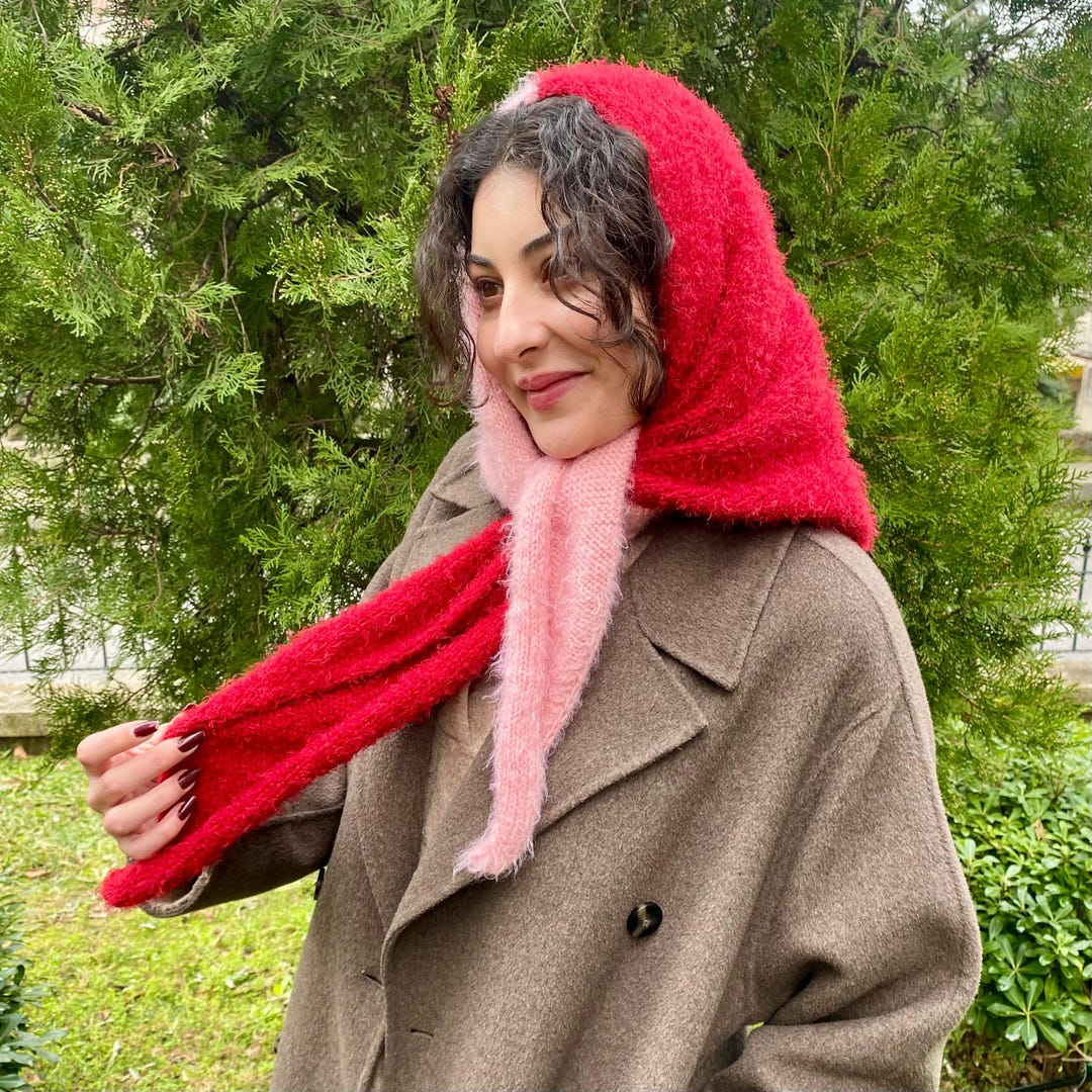 Red Pink Angora Hood Shawl: Edna Style Fluffy Scarf, Retro Handmade ...