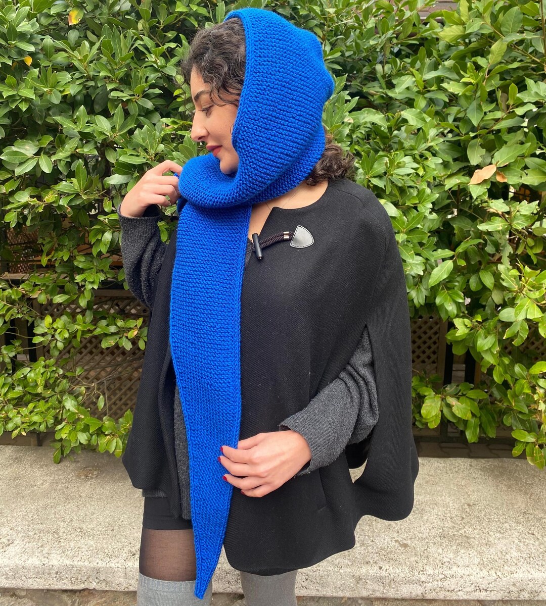 Royal Blue Handmade Scoodie Hood Scarf: Knit Wool Shawl, Winter Crochet ...