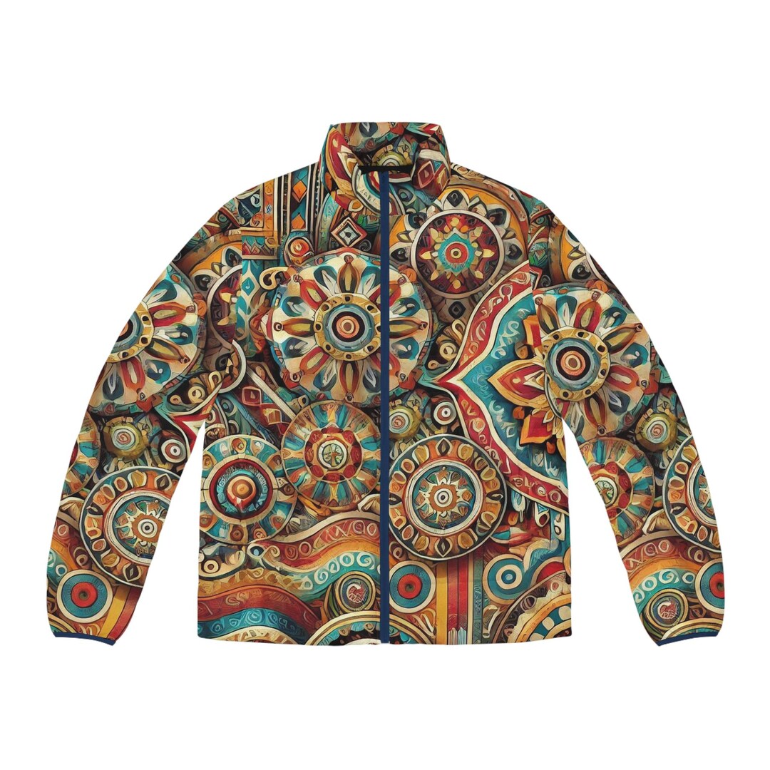 Bohemian Puffer Jacket, Stylish Winter Wear, Unique Outerwear, Vibrant ...