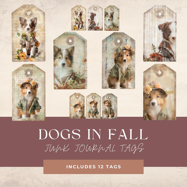 Junk Journal Tags Cute Dogs in Fall Clothing Rustic Distressed Digital ...
