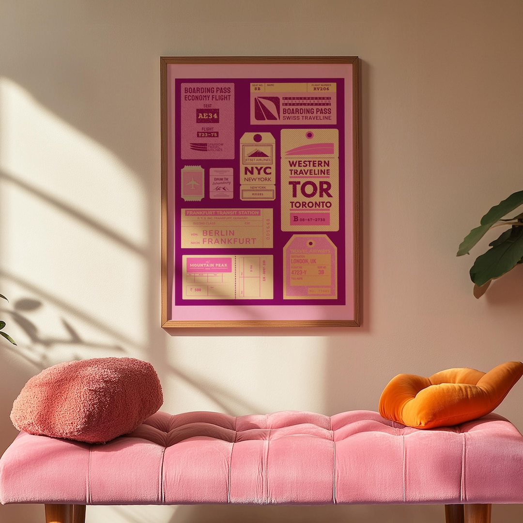 Pink Aesthetic Travel Wall Art | Pink Trendy Art | Airplane Ticket ...