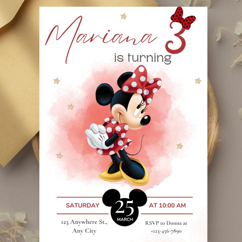 Invitación de cumpleaños editable de Minnie Mouse rosa claro, invitación de cumpleaños para ...