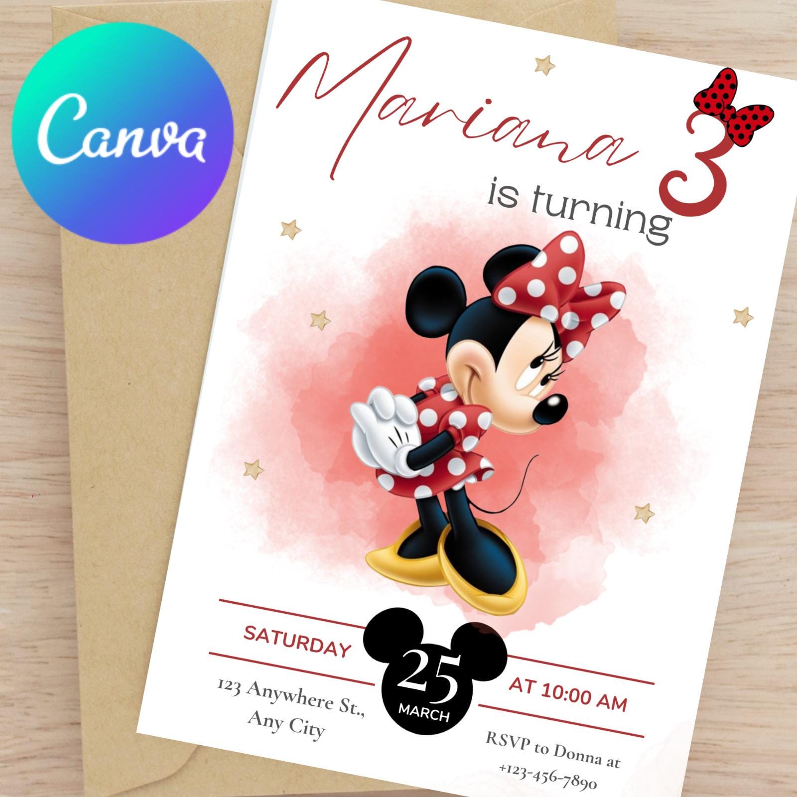 Invitación de cumpleaños editable de Minnie Mouse rosa claro ...