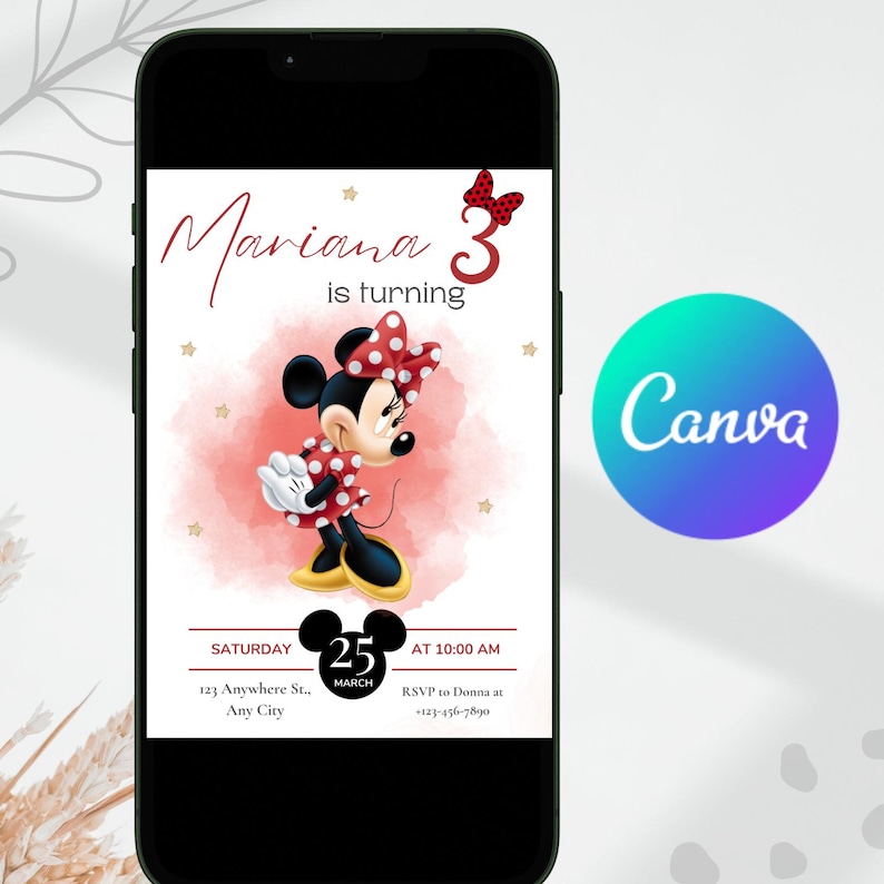 Invitación de cumpleaños editable de Minnie Mouse rosa claro, invitación de cumpleaños para ...