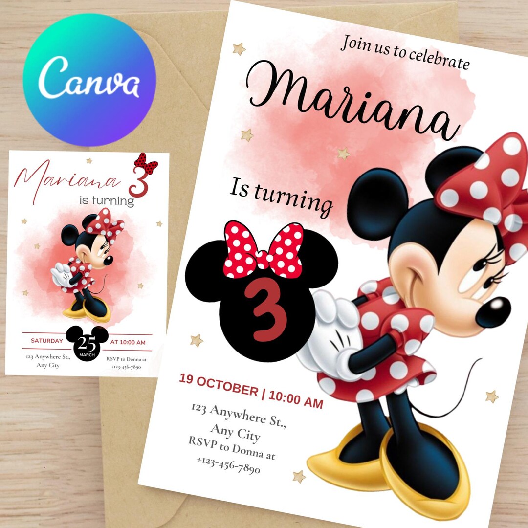 Invitación de cumpleaños editable de Minnie Mouse rosa claro, invitación de cumpleaños para ...