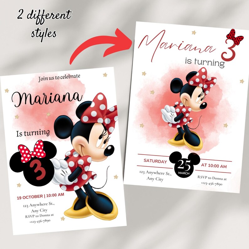 Invitación de cumpleaños editable de Minnie Mouse rosa claro, invitación de cumpleaños para ...