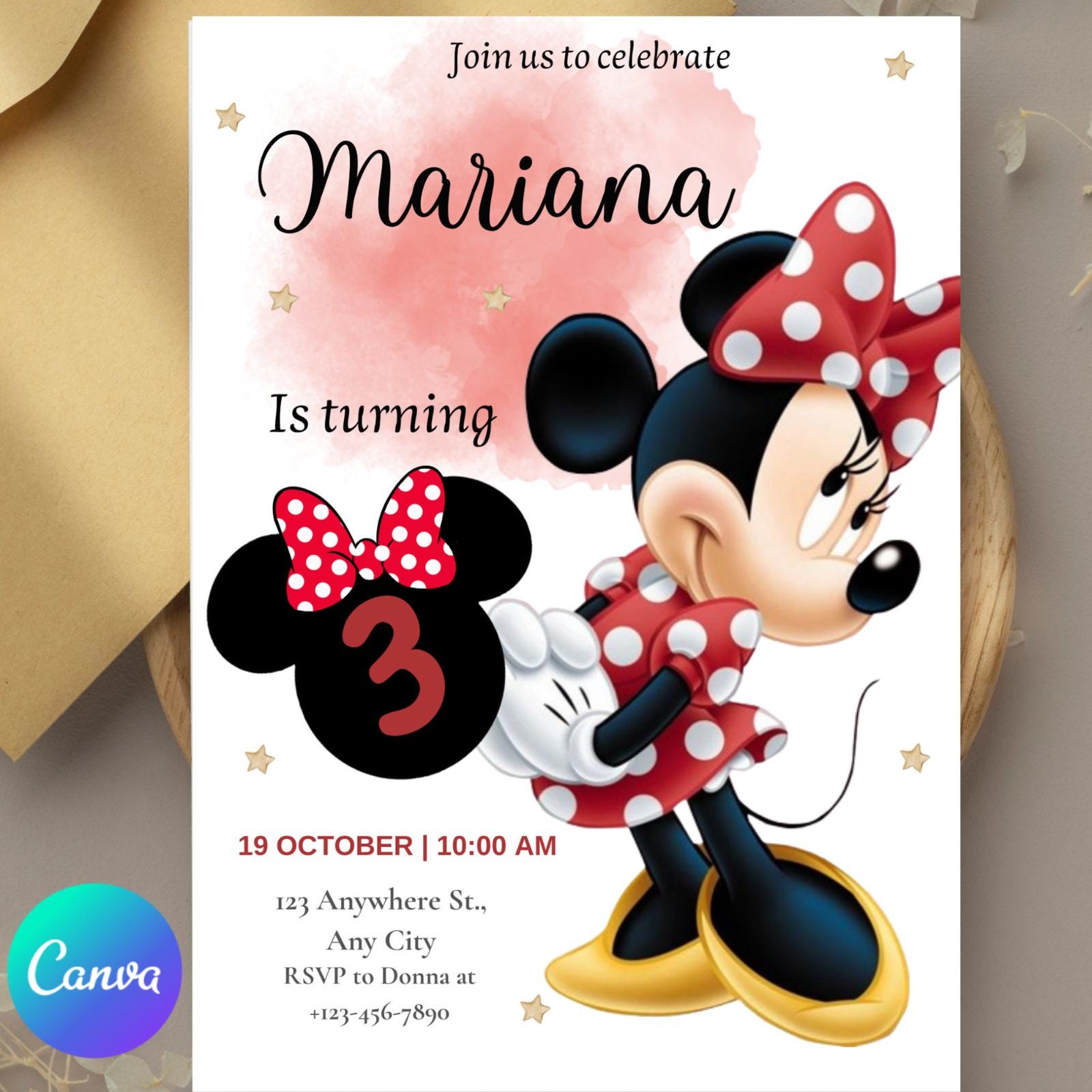 Invitación de cumpleaños editable de Minnie Mouse rosa claro ...
