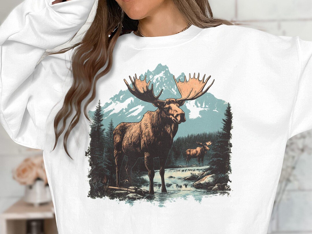 Retro Moose Graphic Sweatshirt, Vintage Style Wildlife Print, Men's and ...