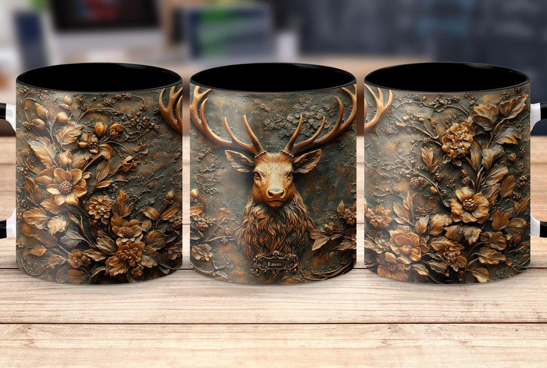 Custom 3D Stunning Deer Accent Mug for Deer Lover, Embossed Effect Deer ...