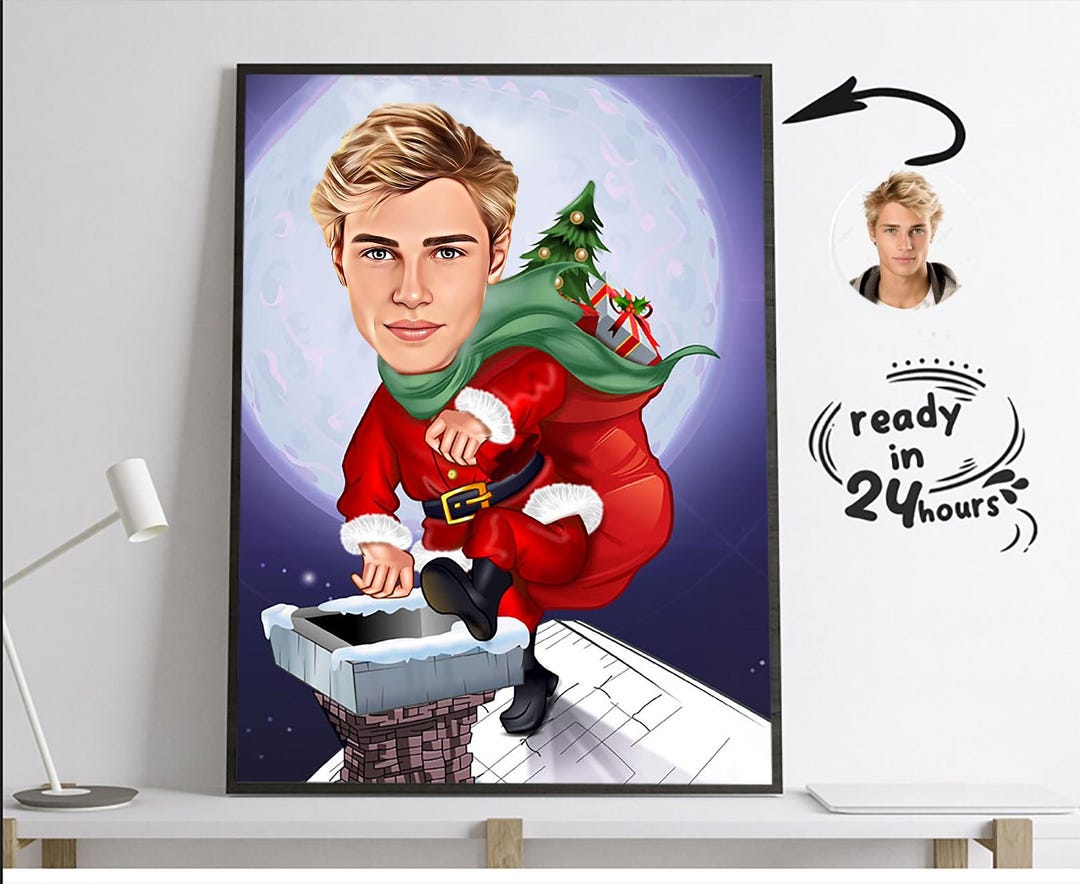Personalized Santa Christmas Caricature Portrait, Male Christmas ...