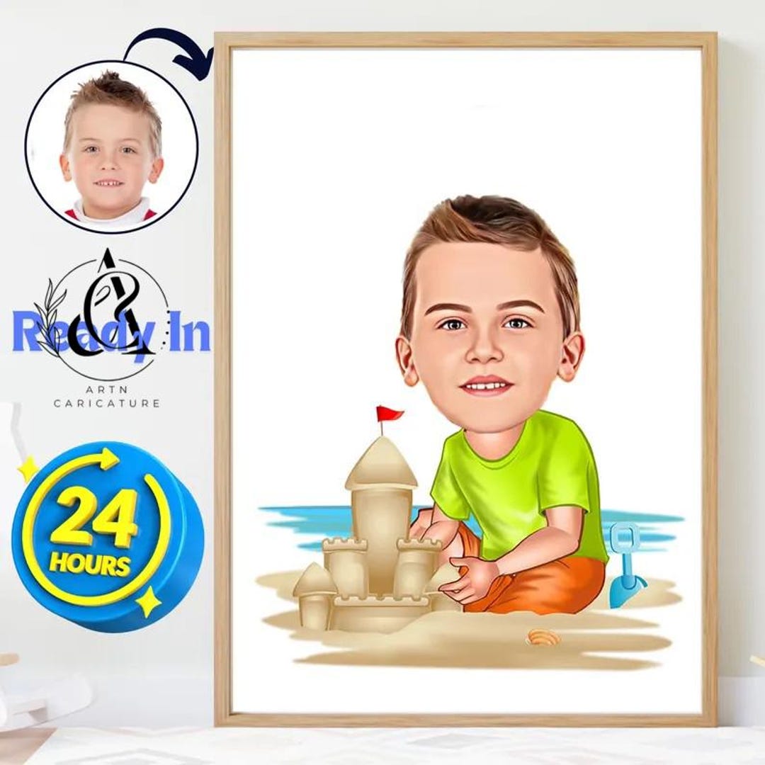 Personalized Kids Sandcastle Caricature Art Gift for Kids, Digital ...
