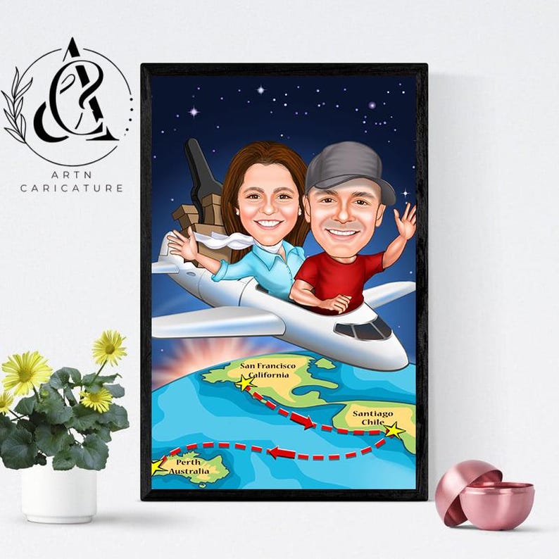 Custom Couple Travelling Caricature Gift Personalized Cartoon Portrait ...