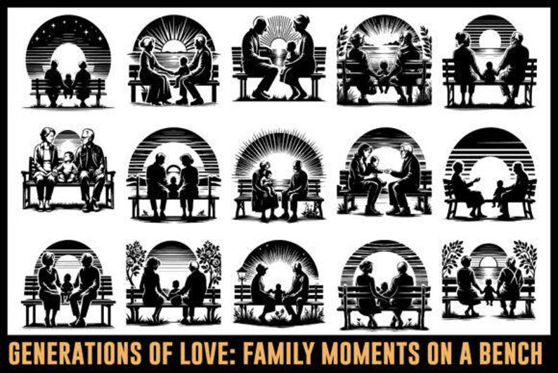 Family Moments on a Bench Vector Art, Silhouette Digital Design ...