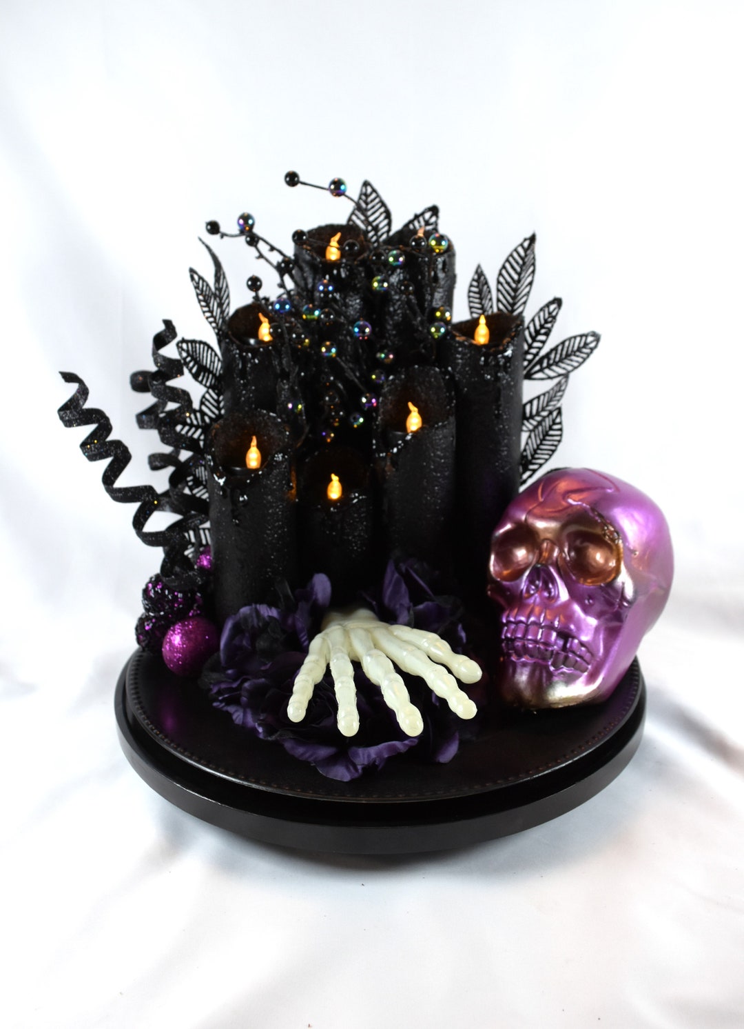 Glow in the Dark Skeleton Hand Purple Skull Glittery Black Floral ...