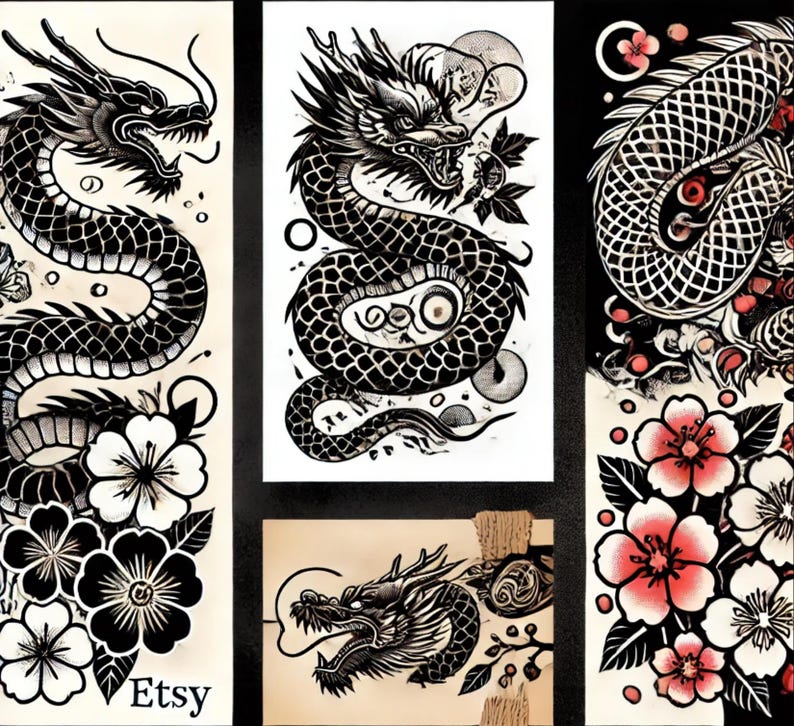 Japanese Irezumi Dragon and Floral Tattoo Canvas Print - Etsy