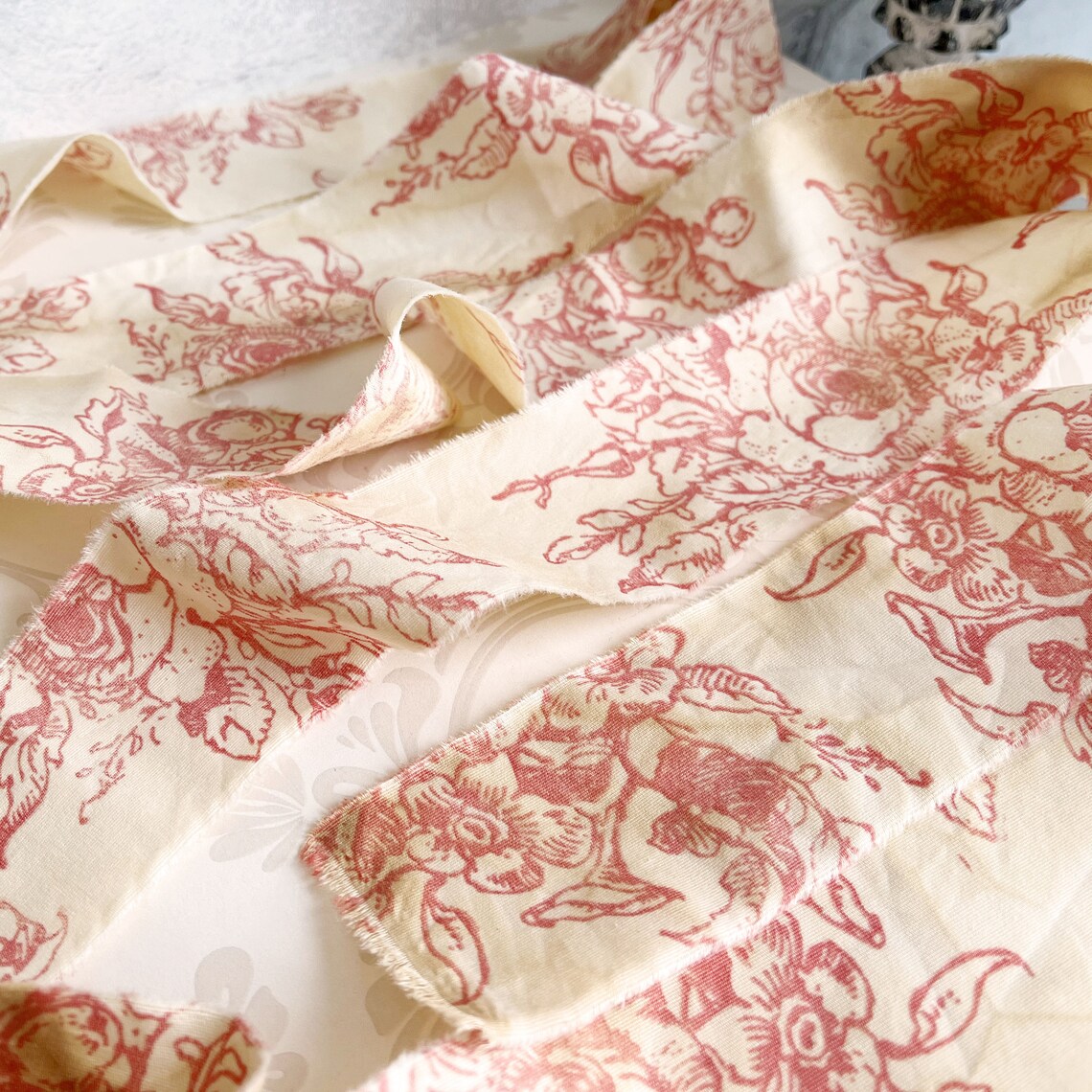 2 1/4 Yards (81") Hand Stamped Red French Country Rose Toile Coffee Tea ...