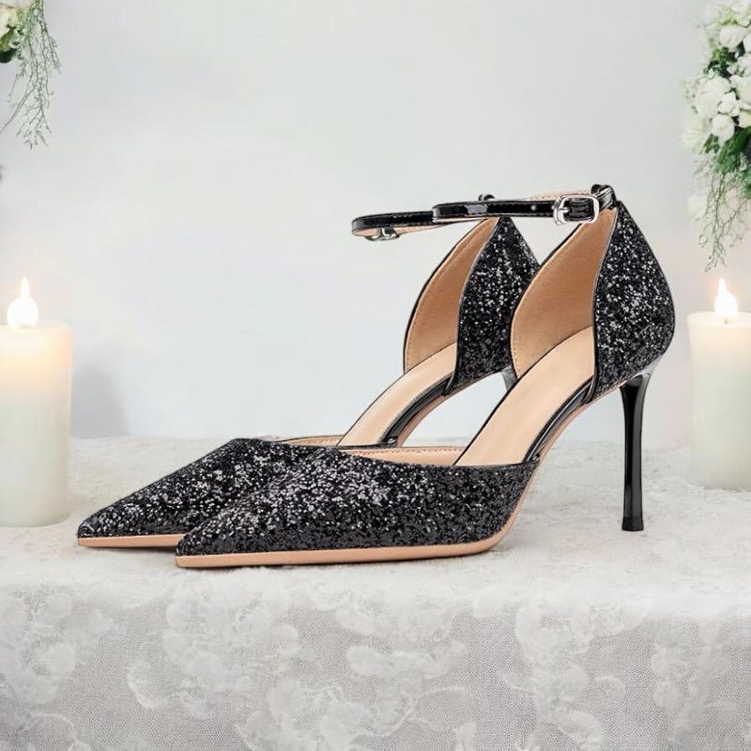 Black Glitter Stiletto Heels • Pointed Toe Ankle Strap Heels for ...