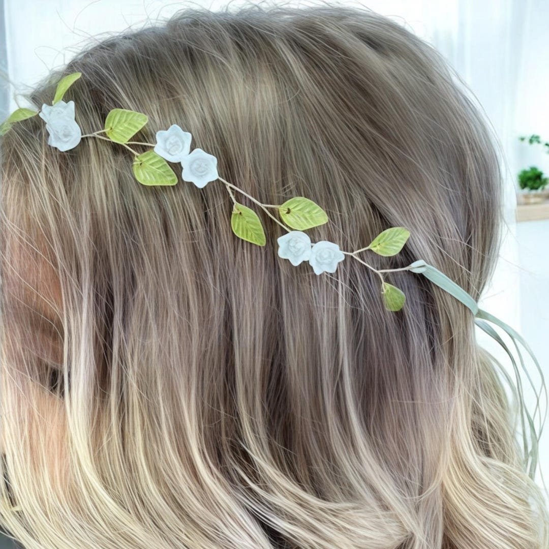 Boho Chic Floral Hair Vine With White Flowers and Green Leaves • Hair ...