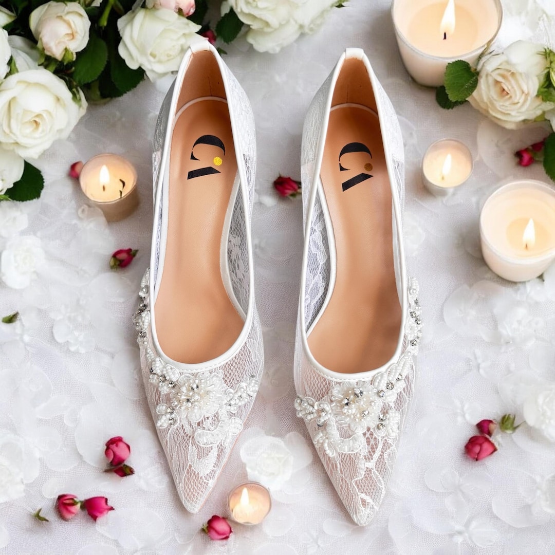 White Lace Bridal Heels With Floral Pearl & Rhinestone Beading, Pointed ...
