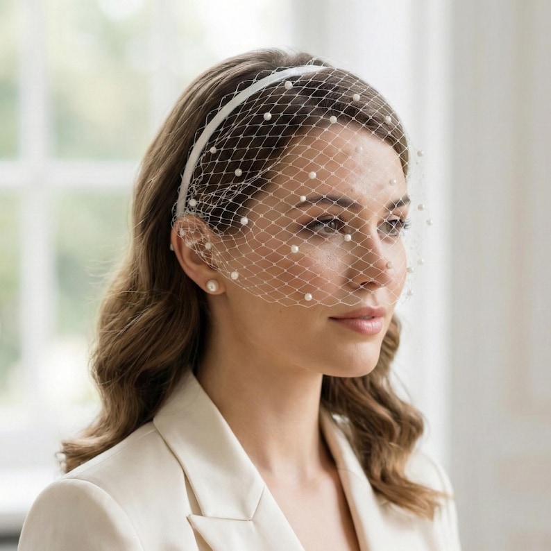 White Birdcage Veil With Pearls · Wedding Headband Veil · Retro Bridal ...