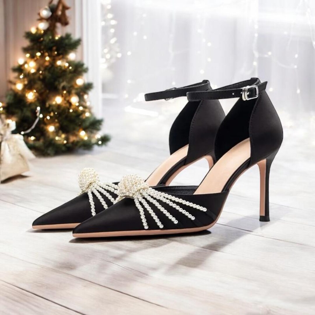 Black Satin Event Stiletto Event Sandals Pearl Event Heels Elegant Lace ...