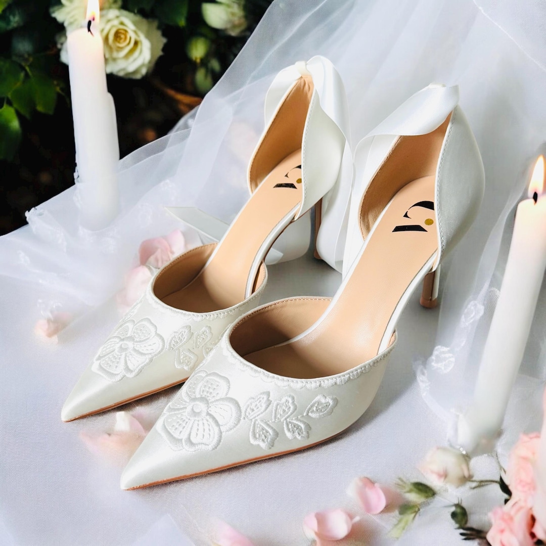 Blossoming Romance: Satin White Bridal Heels With Delicate Bow and ...