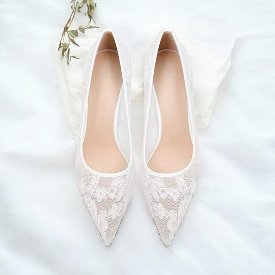 White Lace Wedding Heels • Delicate Floral Design for Brides ...